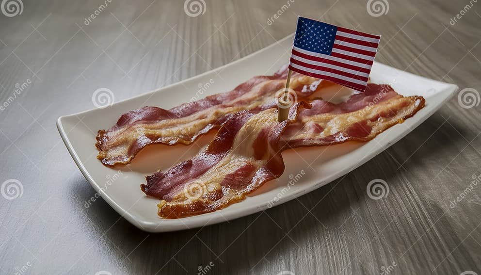 Crispy Bacon Strips with American Flag on White Plate Stock ...