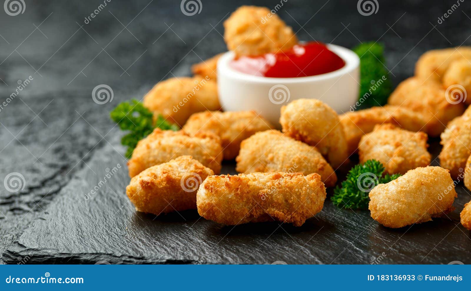 Crispy Battered Scampi Nuggets with Ketchup and Mayonnaise on Rustic ...