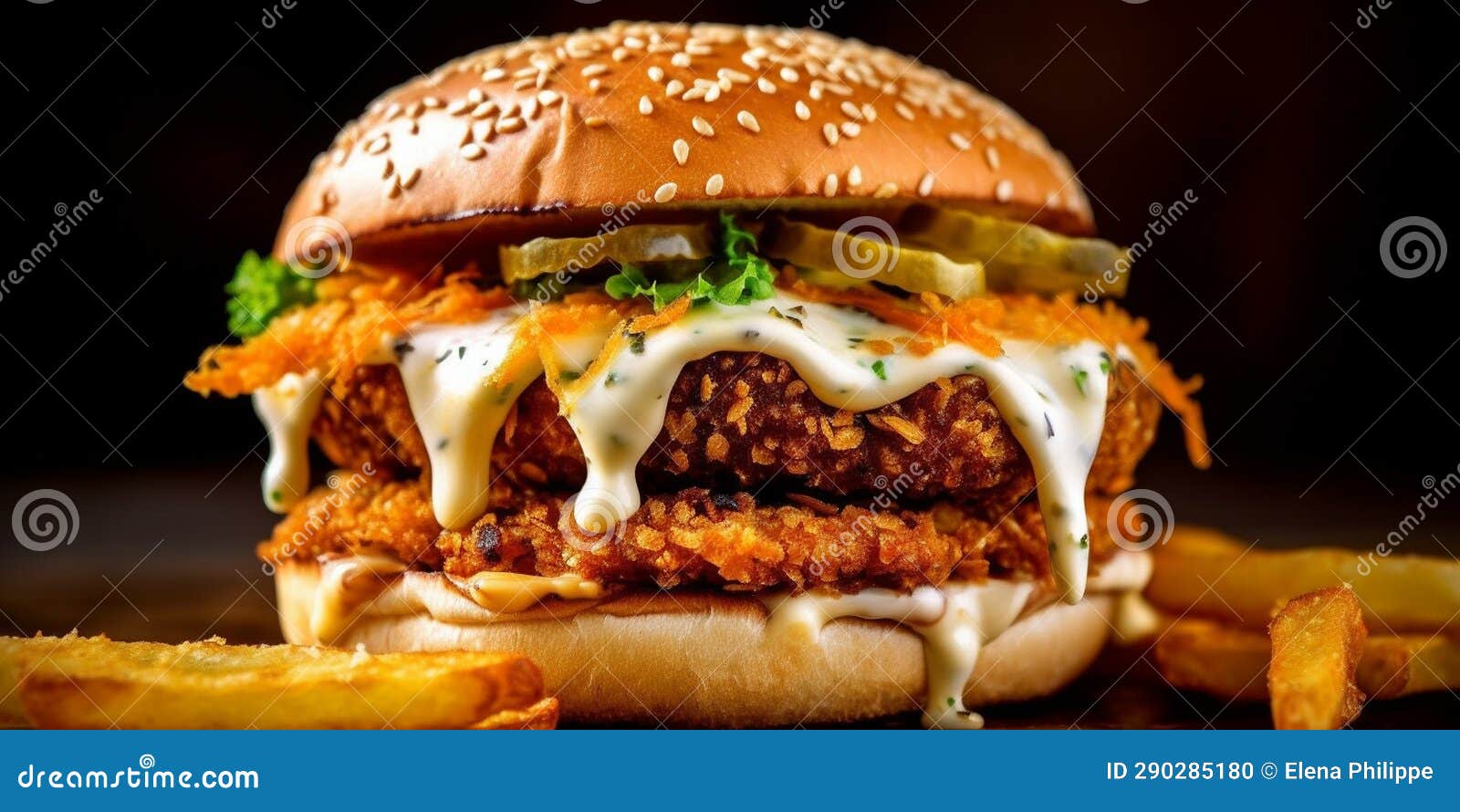 Crispy Breaded Chicken Burger with Cheddar Cheese on Dark Background ...