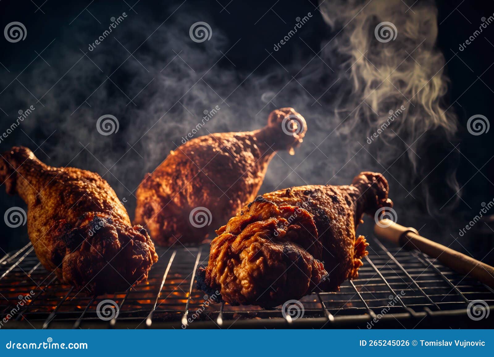 Crispy Breaded Chicken Drumsticks on a Grill with Smoke and Fire ...