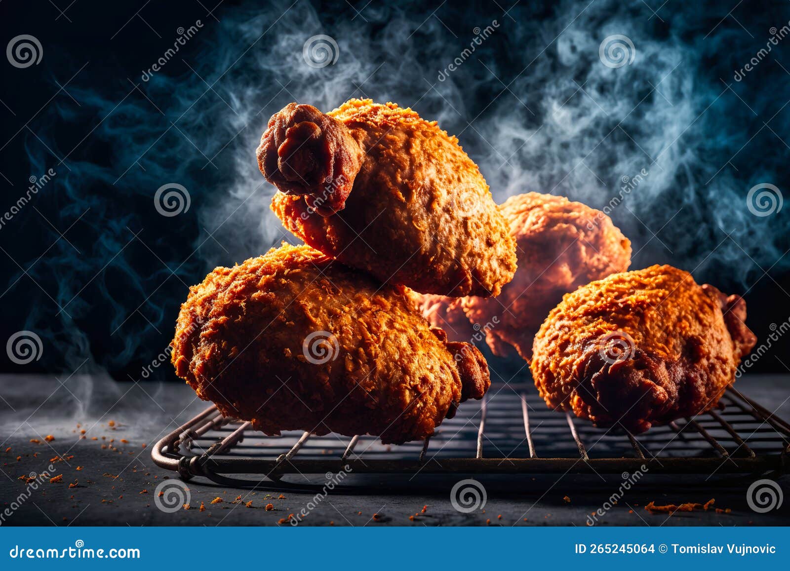 Crispy Breaded Chicken Drumsticks on a Grill with Smoke and Fire Background Stock Illustration ...