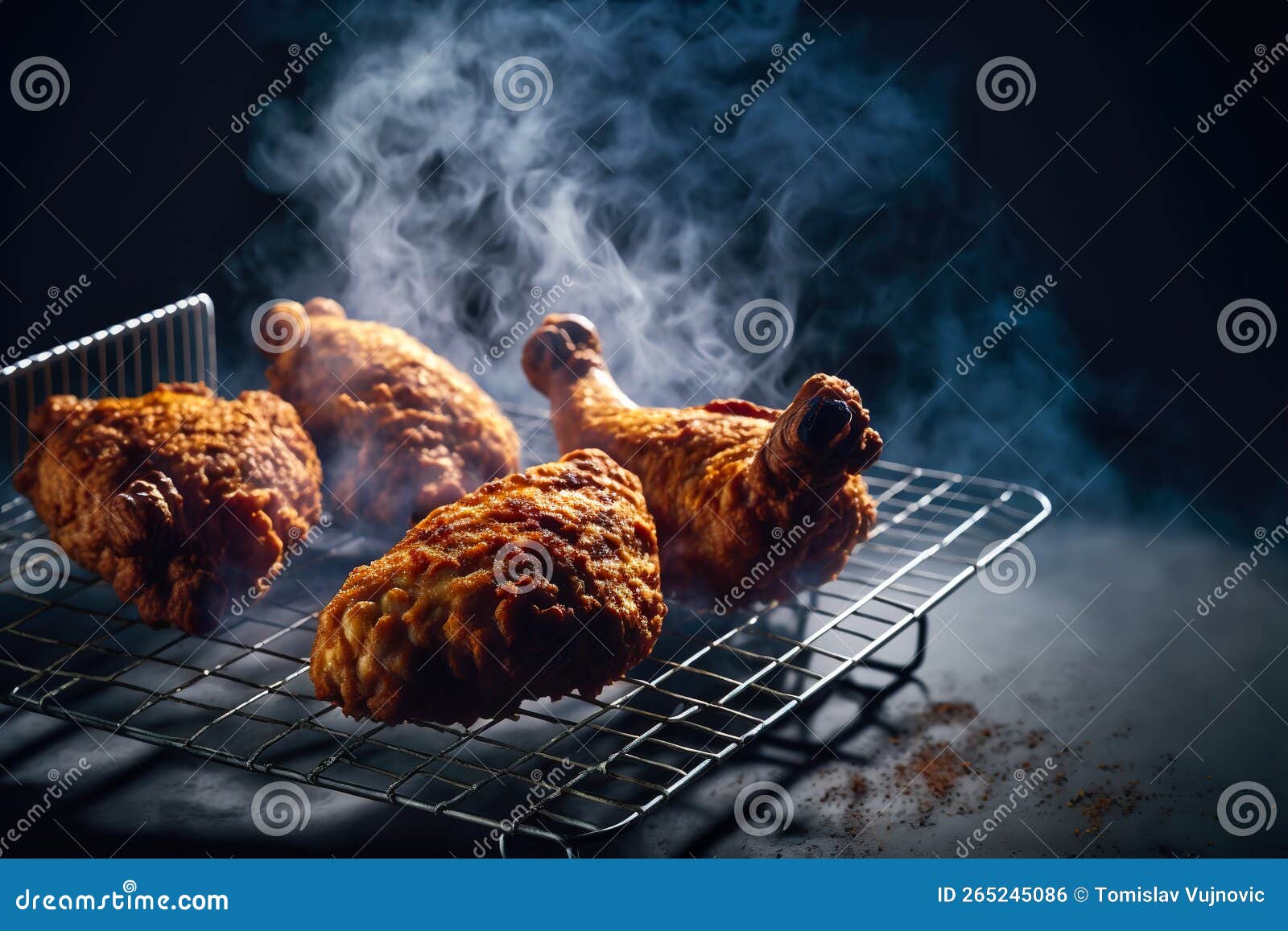 Crispy Breaded Chicken Drumsticks on a Grill with Smoke and Fire Background Stock Illustration ...
