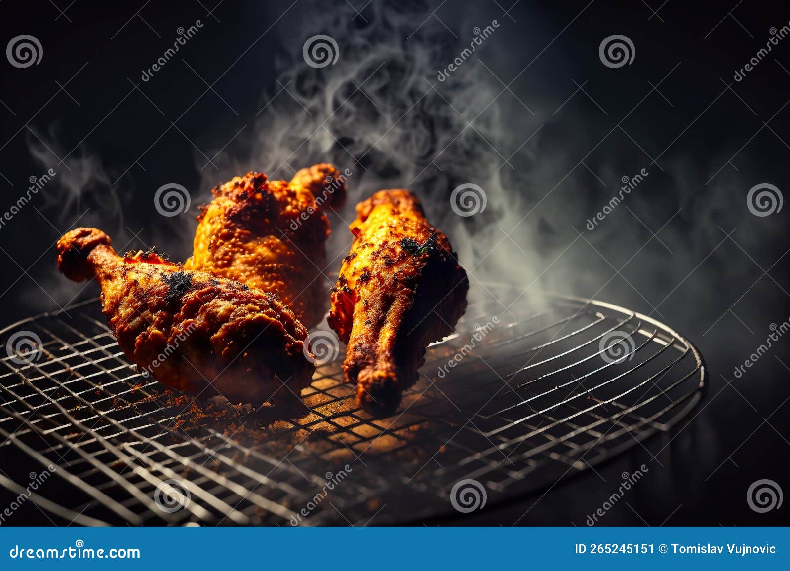 Crispy Breaded Chicken Drumsticks on a Grill with Smoke and Fire ...