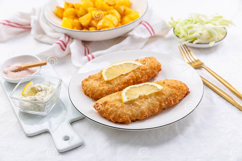 Crispy Breaded Fish with Dipping Sauce and Lemon Stock Image - Image of ...