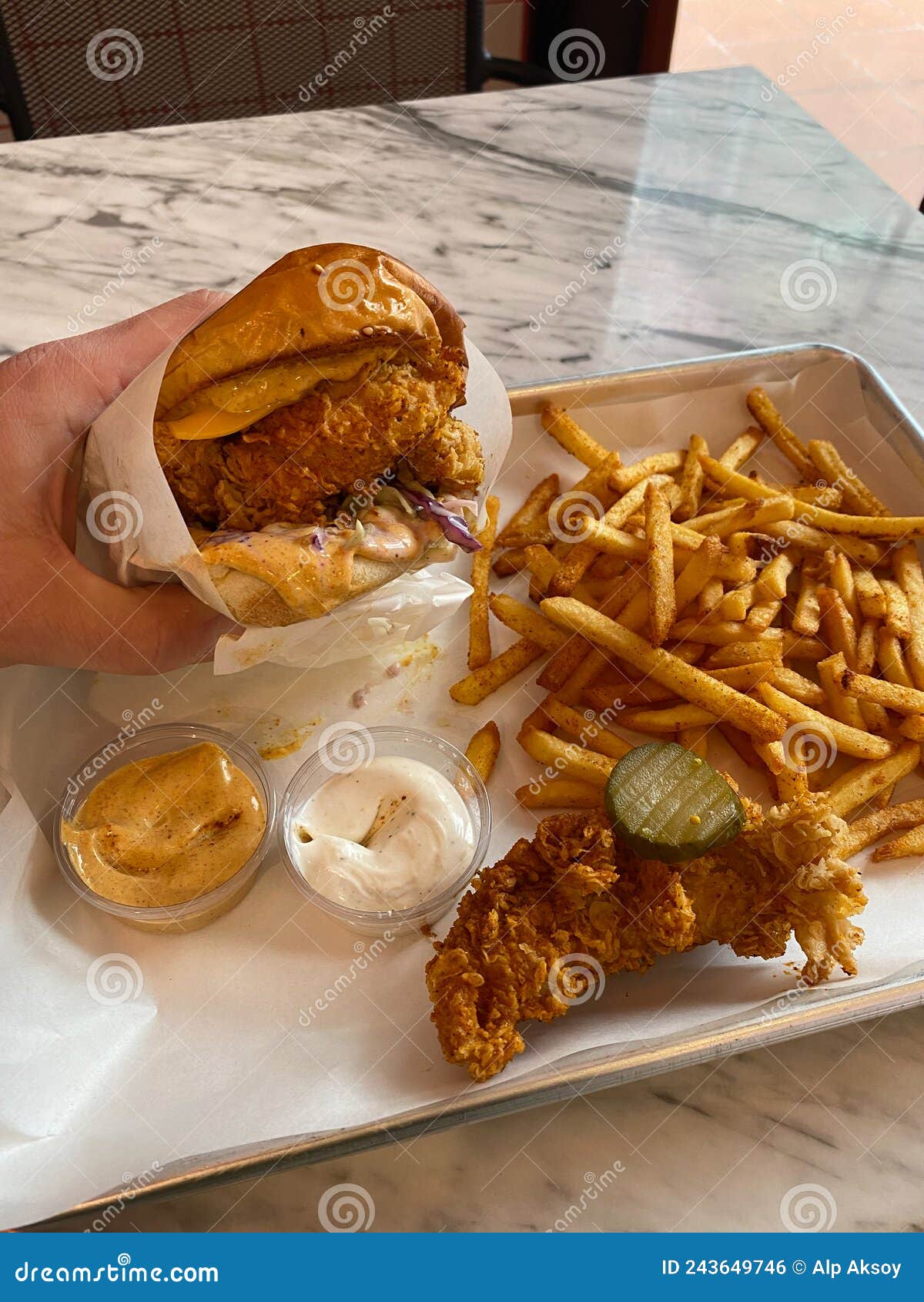 Crispy Chicken Burger Menu with Tender and Potatoes Stock Photo - Image ...