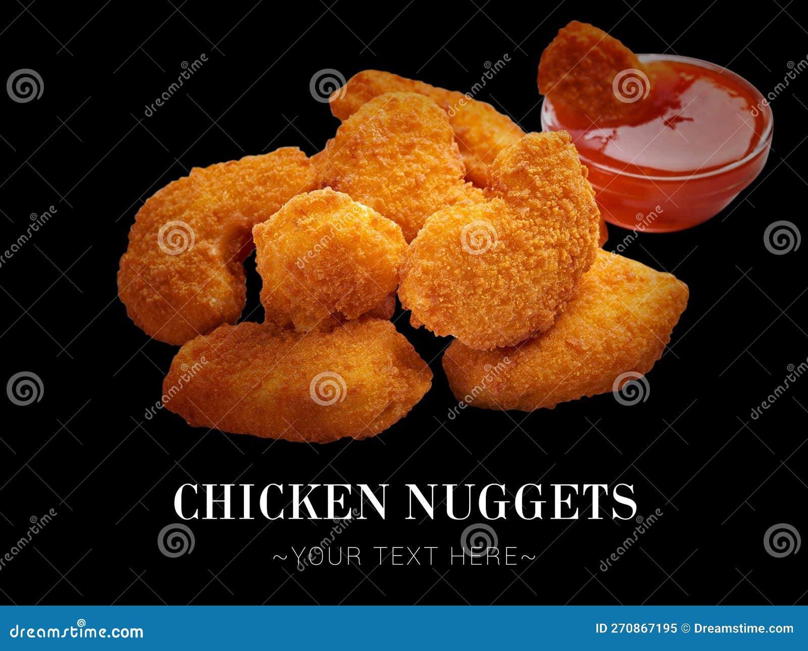 Crispy Chicken Nuggets With Sweet And Sour Sauce Isolated On Black Background Stock