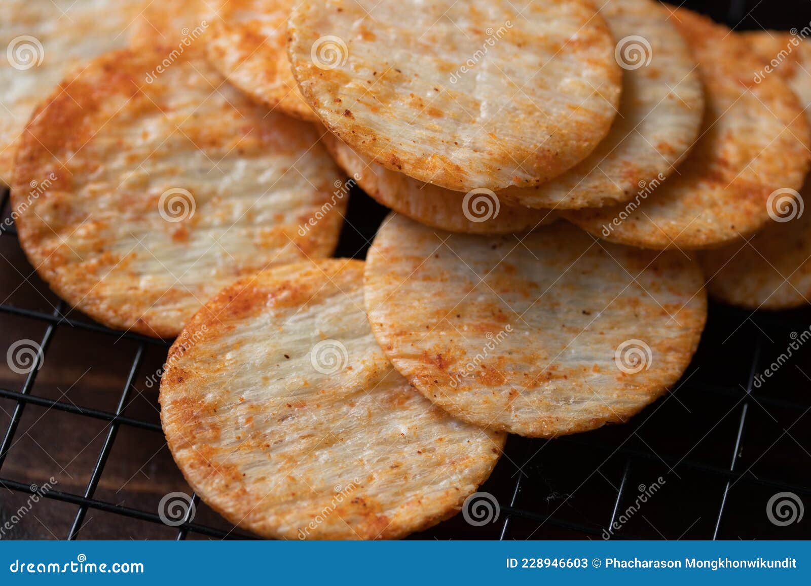 Crispy Crackers on a Black Circle, Black Top View Stock Image - Image ...