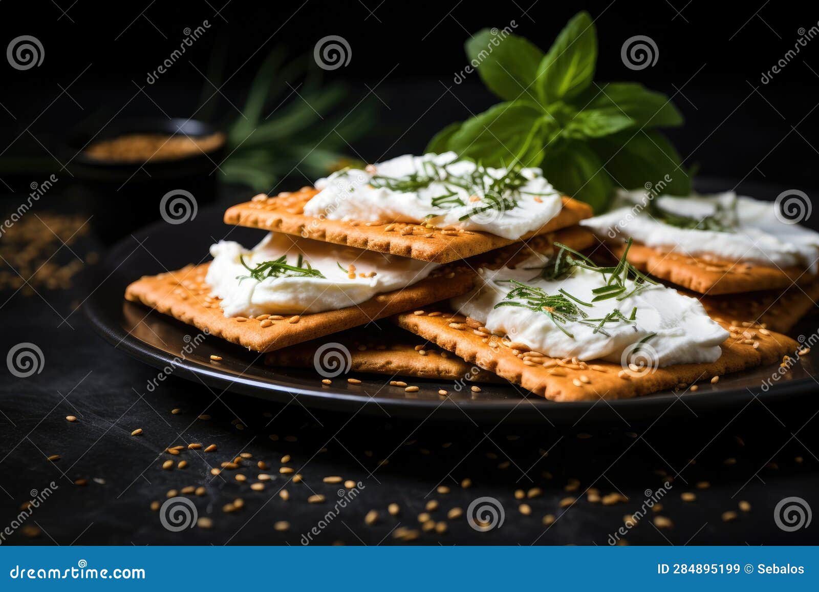 Crispy Crackers with Cream Cheese and Herbs Stock Illustration - Illustration of savory ...