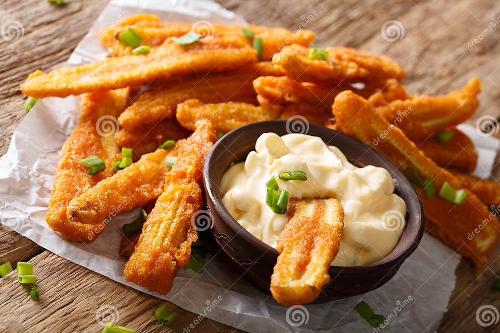 Crispy Deep Fried Baby Corn with Sauce Close-up. Horizontal Stock Photo ...