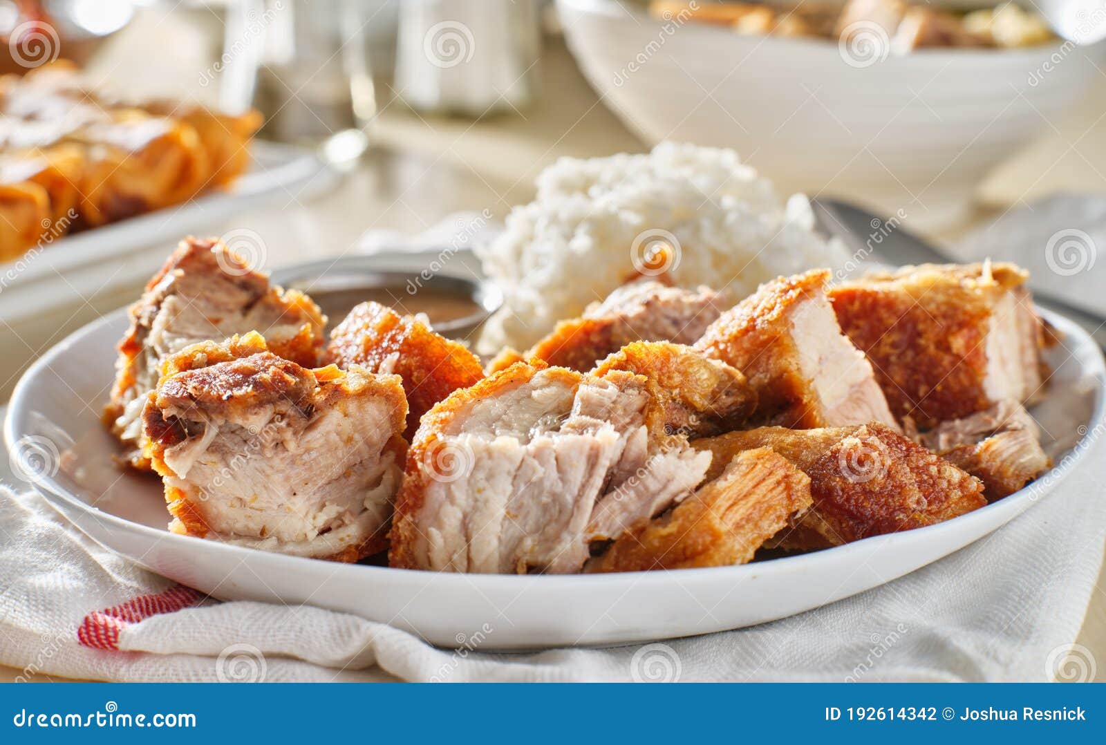 Crispy Filipino Lechon Kawali with White Rice Stock Photo - Image of ...