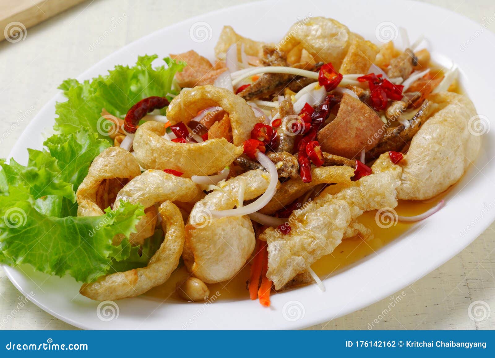 Crispy Fish Maw in Spicy Salad with Vegetable Stock Photo - Image of ...