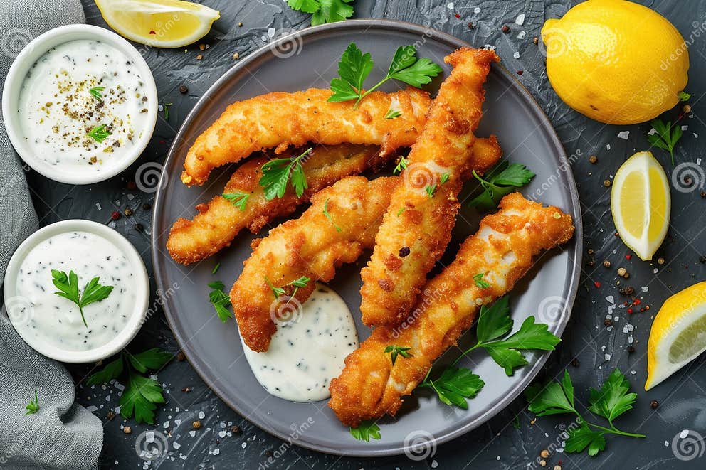 Crispy Fish Strips with Tartar Sauce Stock Illustration - Illustration ...