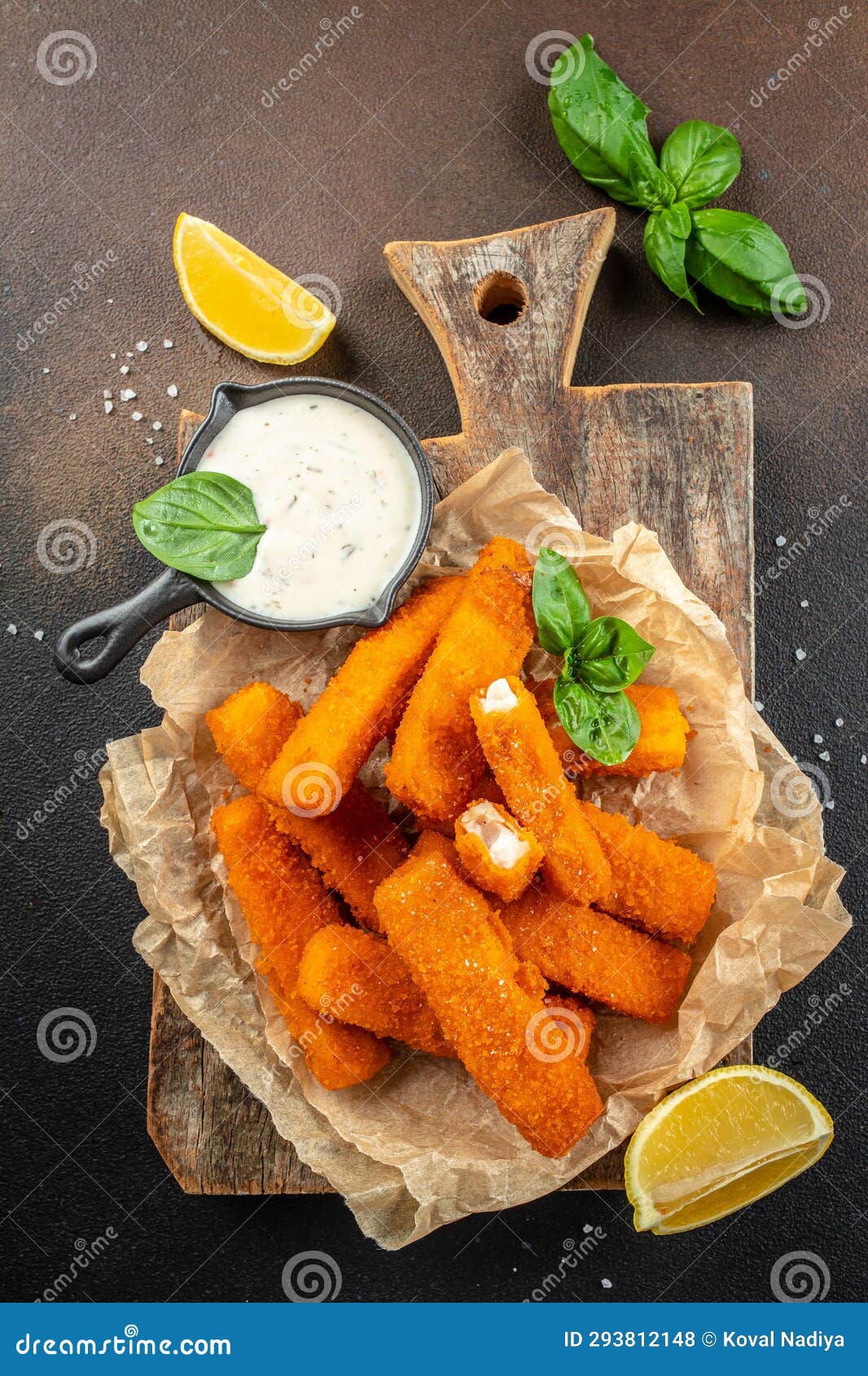 Crispy Fish Strips with Tartar Sauce. Vertical Image. Top View Stock ...