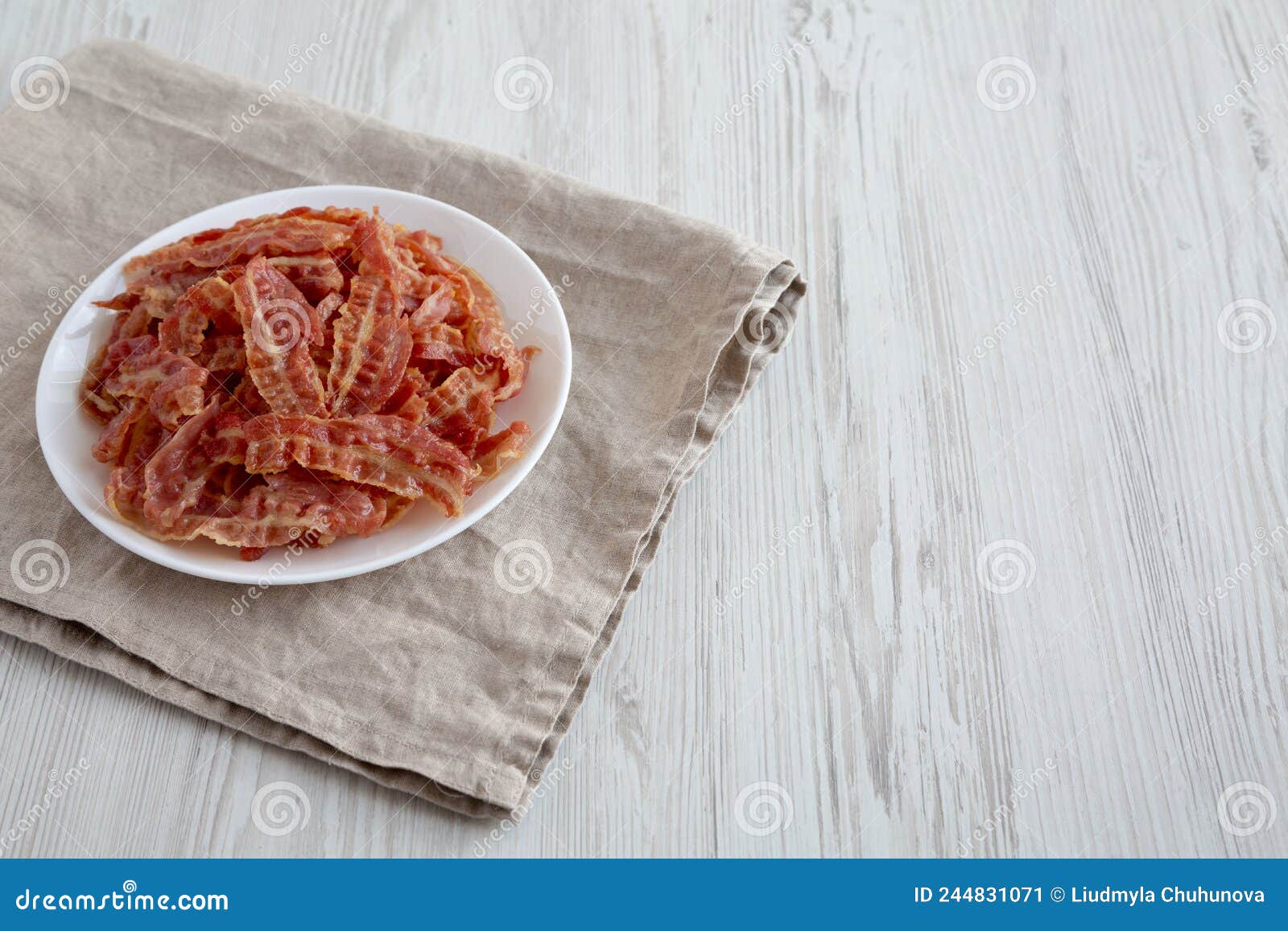 Crispy Fried Bacon on a White Plate, Side View. Space for Text Stock ...