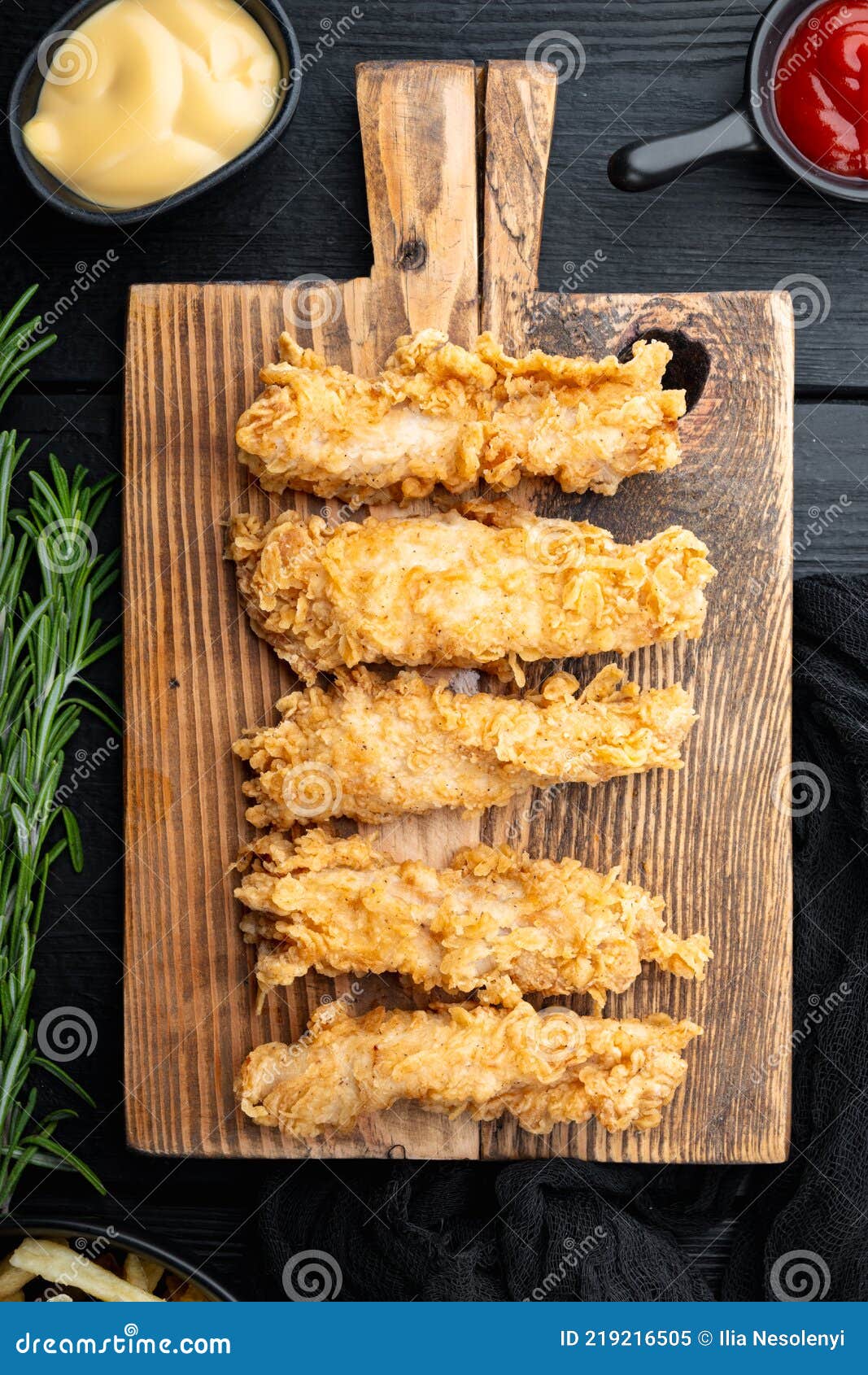 Crispy Fried Chicken Broast on Black Wooden Table, Top View Stock Image ...