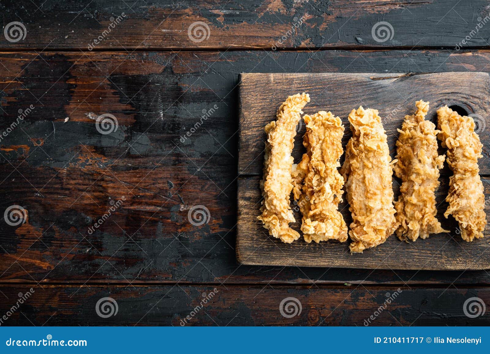 Crispy Fried Chicken Broast on Old Dark Wooden Table, Top View, with ...