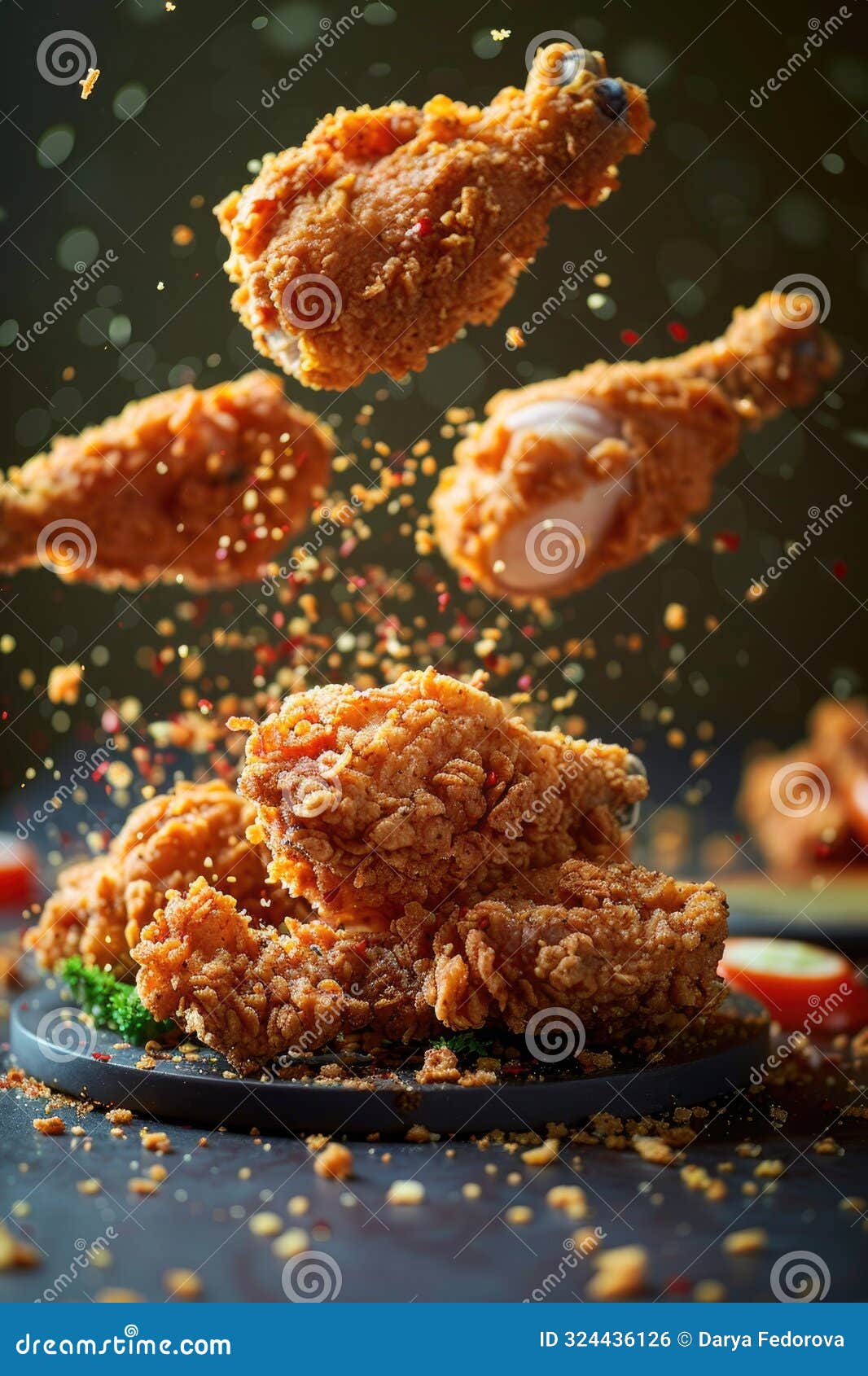 Crispy Fried Chicken Drumsticks Falling Onto a Plate with Seasoning ...