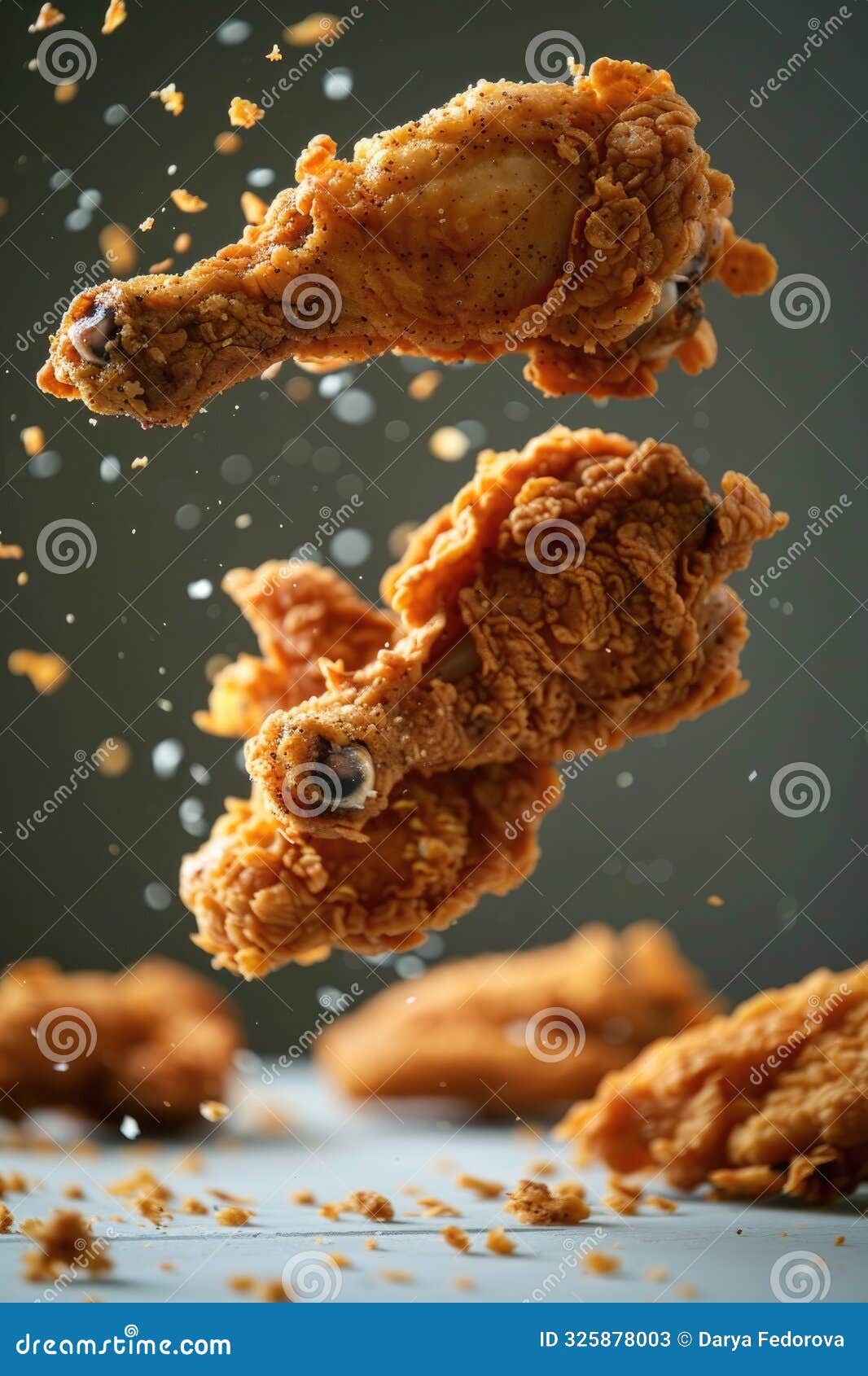 Crispy Fried Chicken Drumsticks Floating in the Air with Seasoning ...