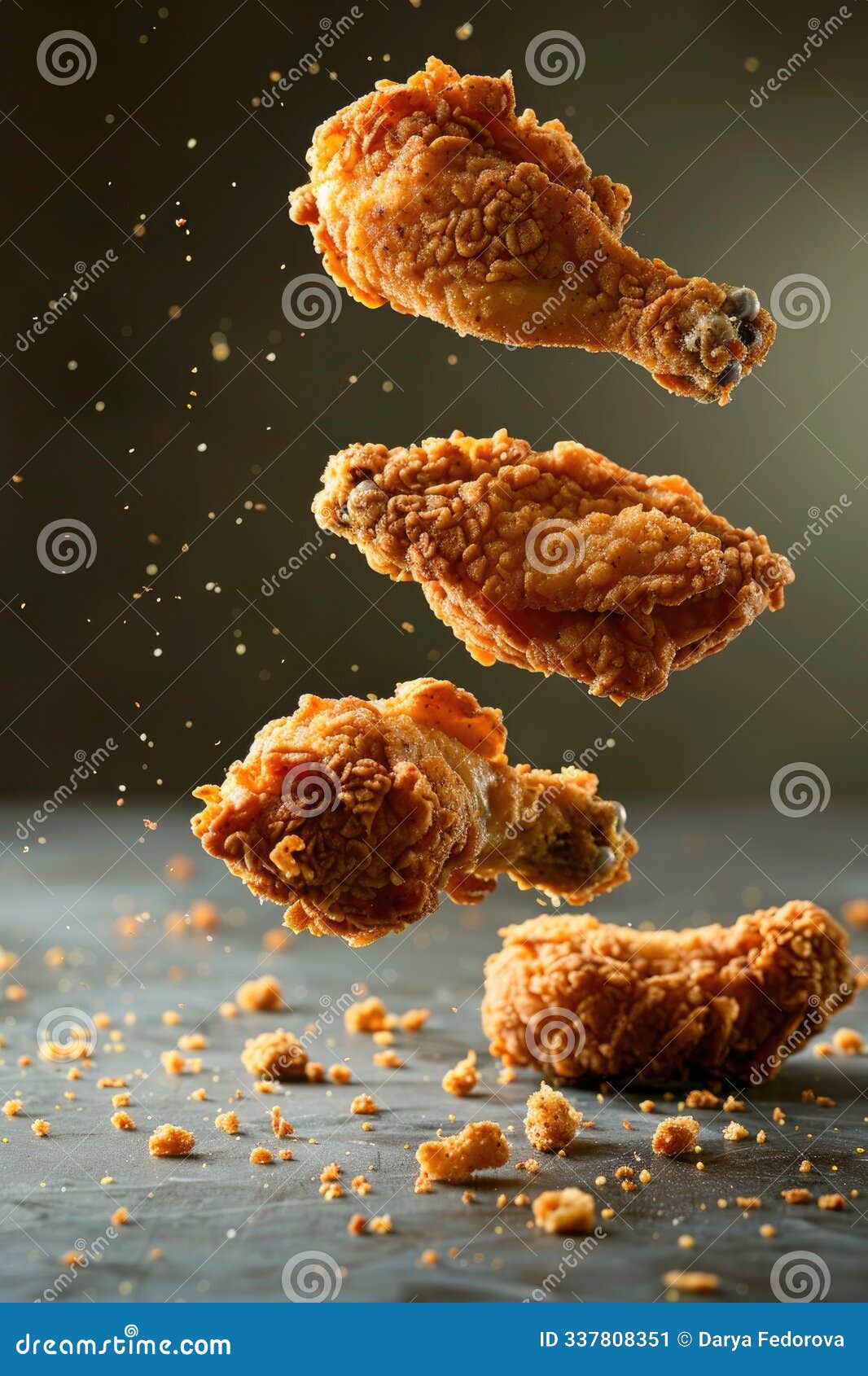 Crispy Fried Chicken Drumsticks Floating in the Air with Seasoning ...