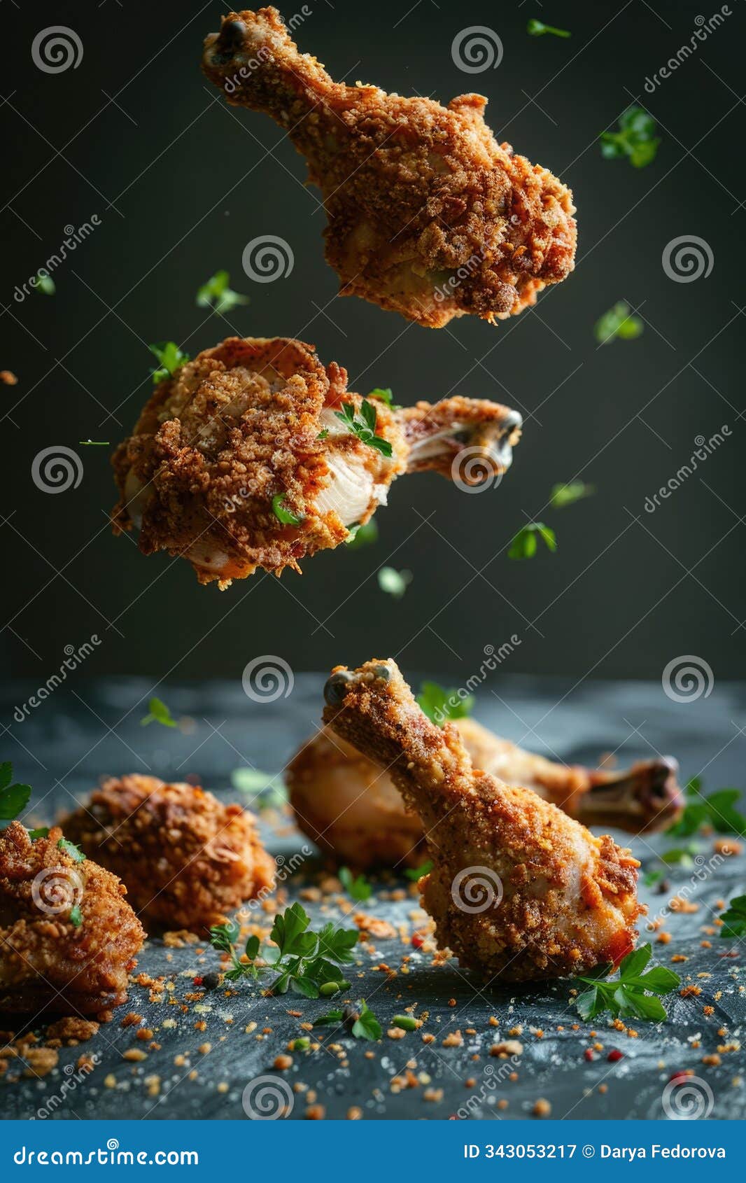 Crispy Fried Chicken Drumsticks Floating in the Air with Seasoning ...