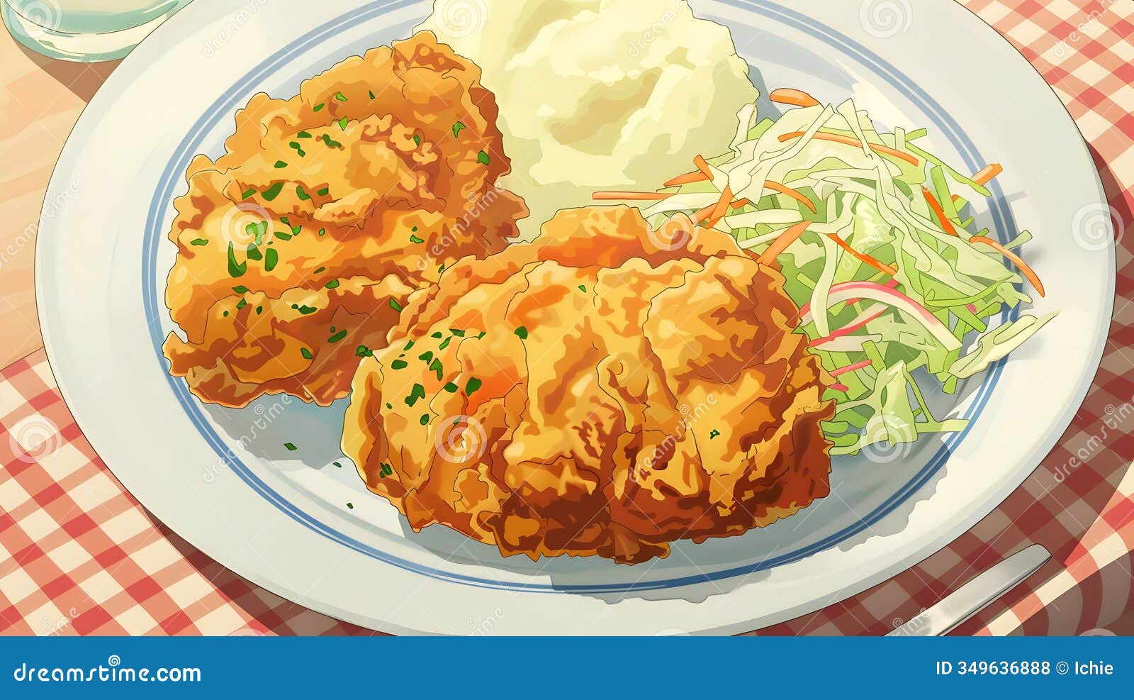 Crispy Fried Chicken Illustration with Mashed Potatoes and Salad Stock ...