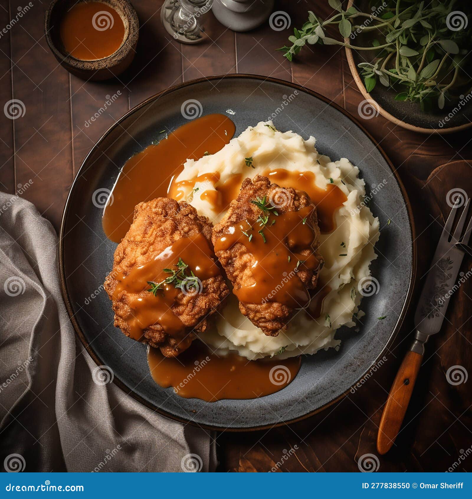 Crispy Fried Chicken with Mashed Potatoes and Gravy Stock Photo - Image ...