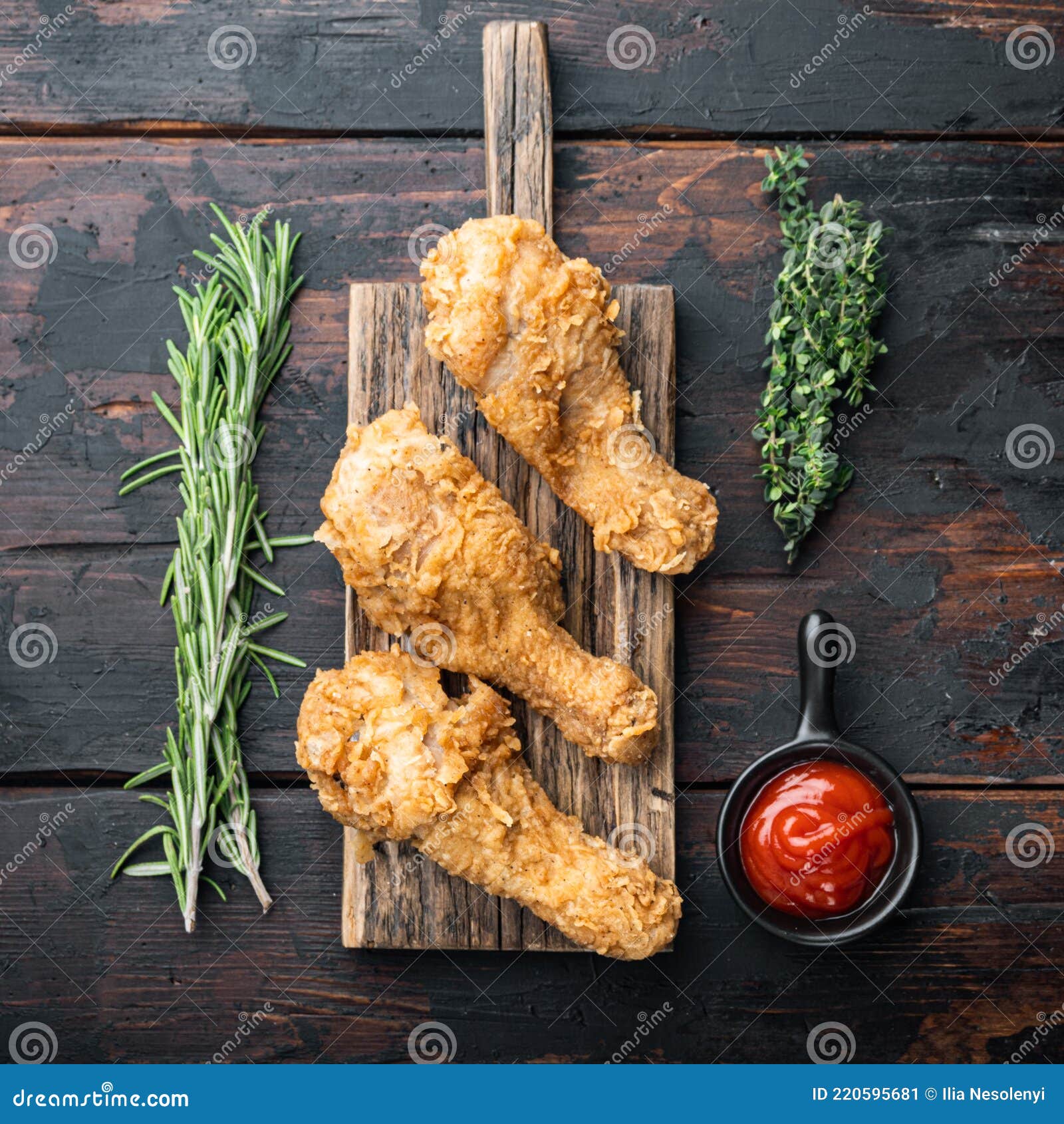 Crispy Fried Chicken on Old Dark Wooden Table, Top View Stock Image ...