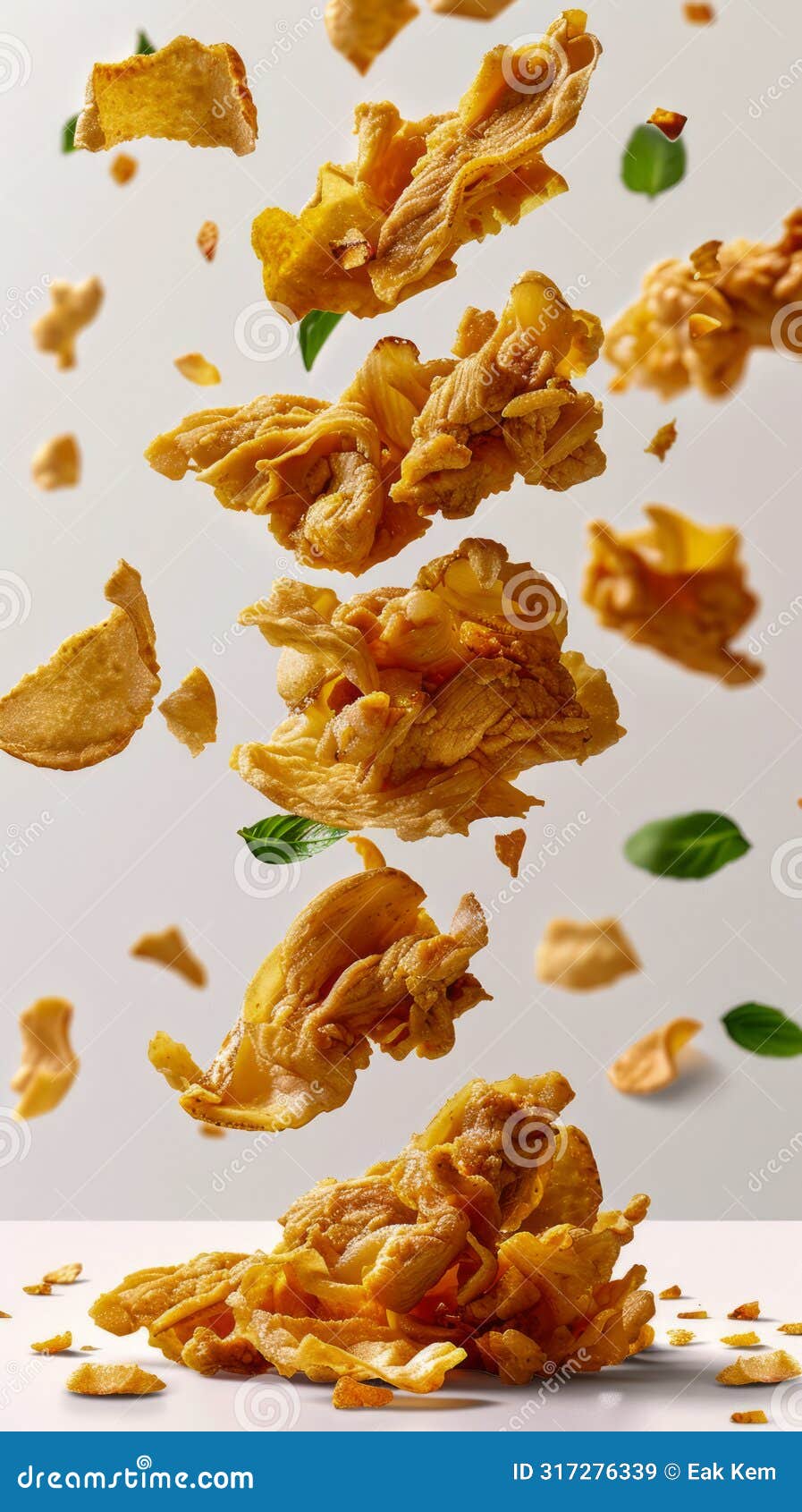 Crispy Fried Chicken Pieces Falling with Basil Leaves on a Neutral ...