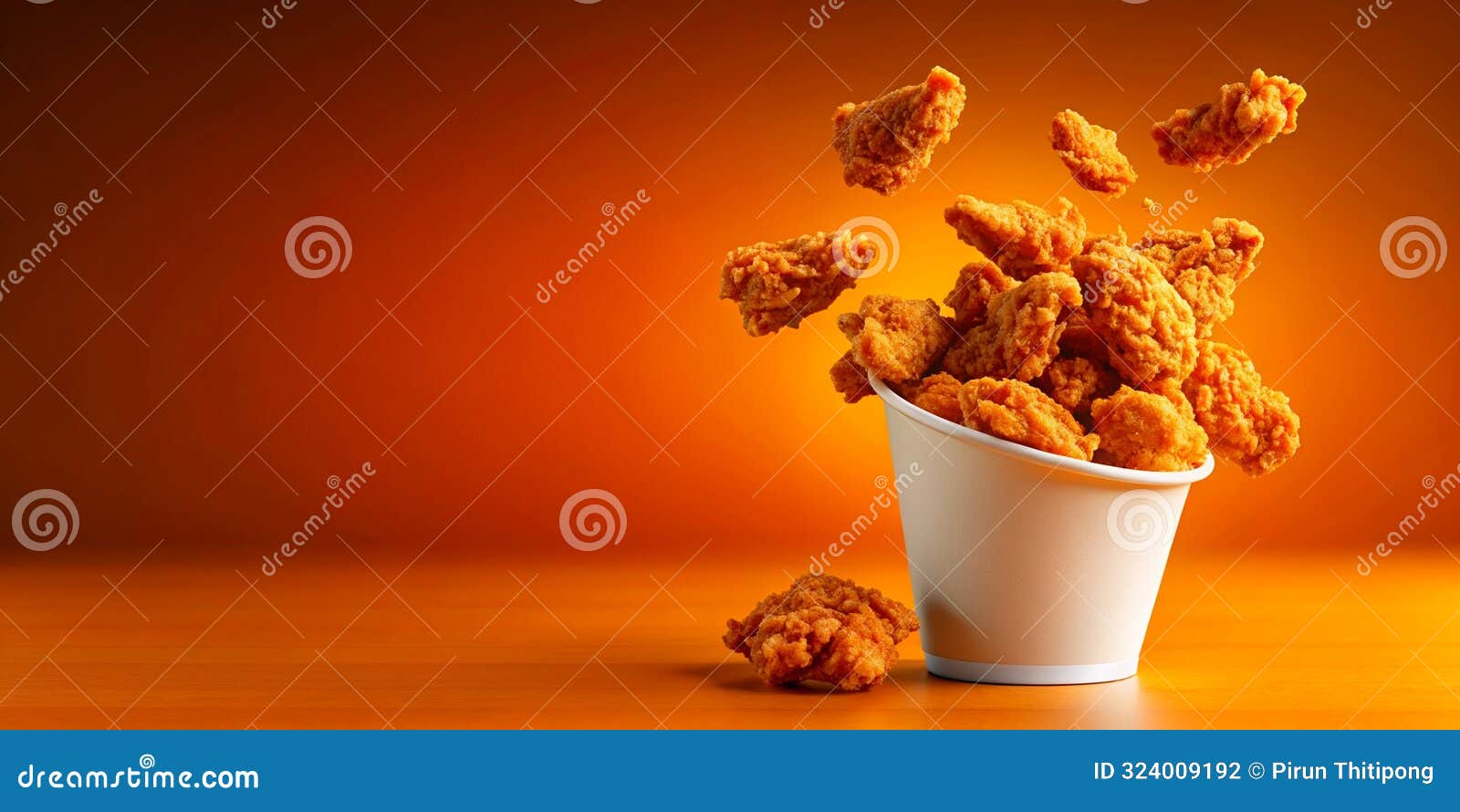 Crispy Fried Chicken Pieces Falling into a Paper Cup on Orange ...