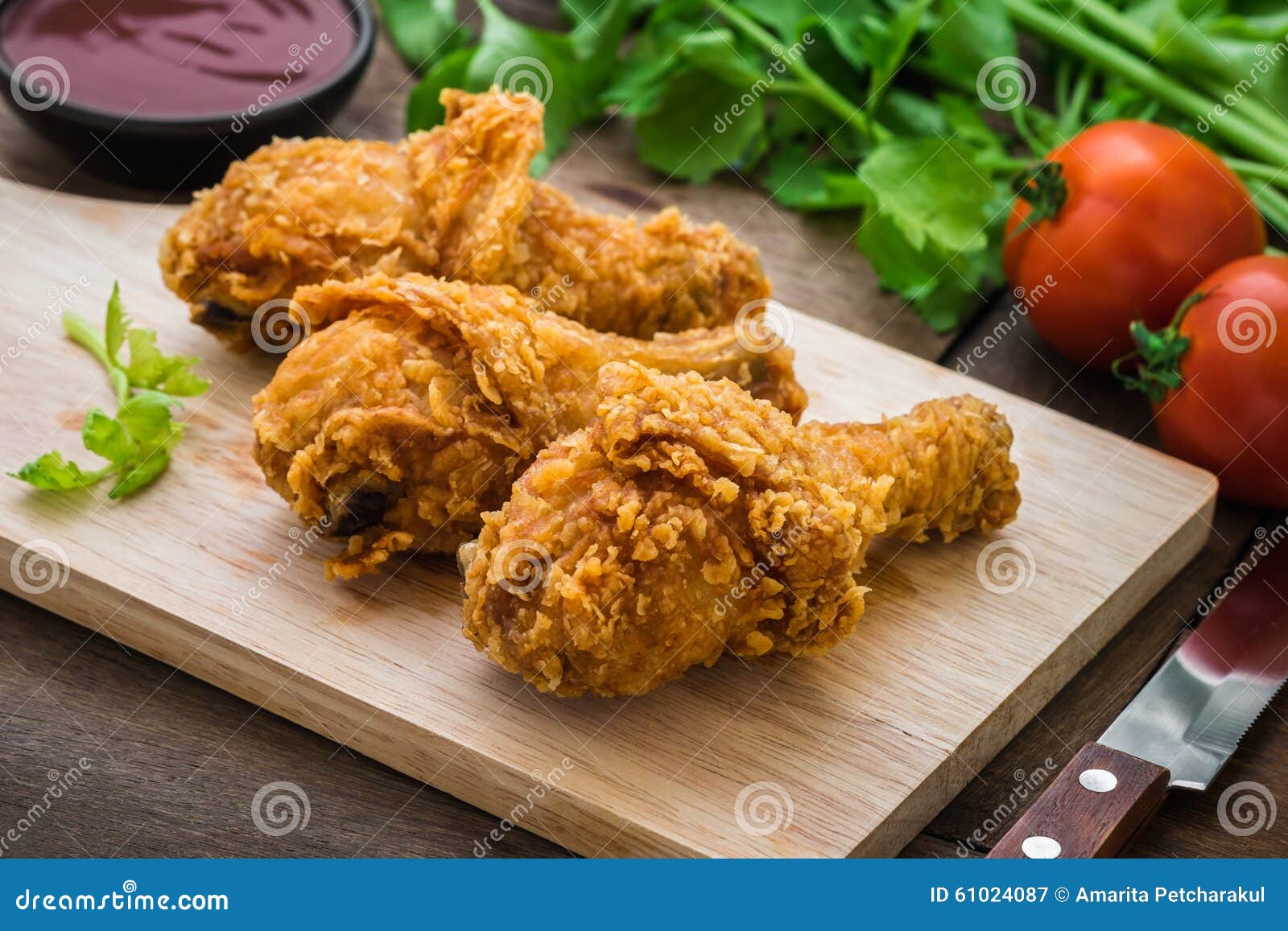 Crispy Fried Chicken on Wooden Cutting Board and Dip Sauce Stock Image ...