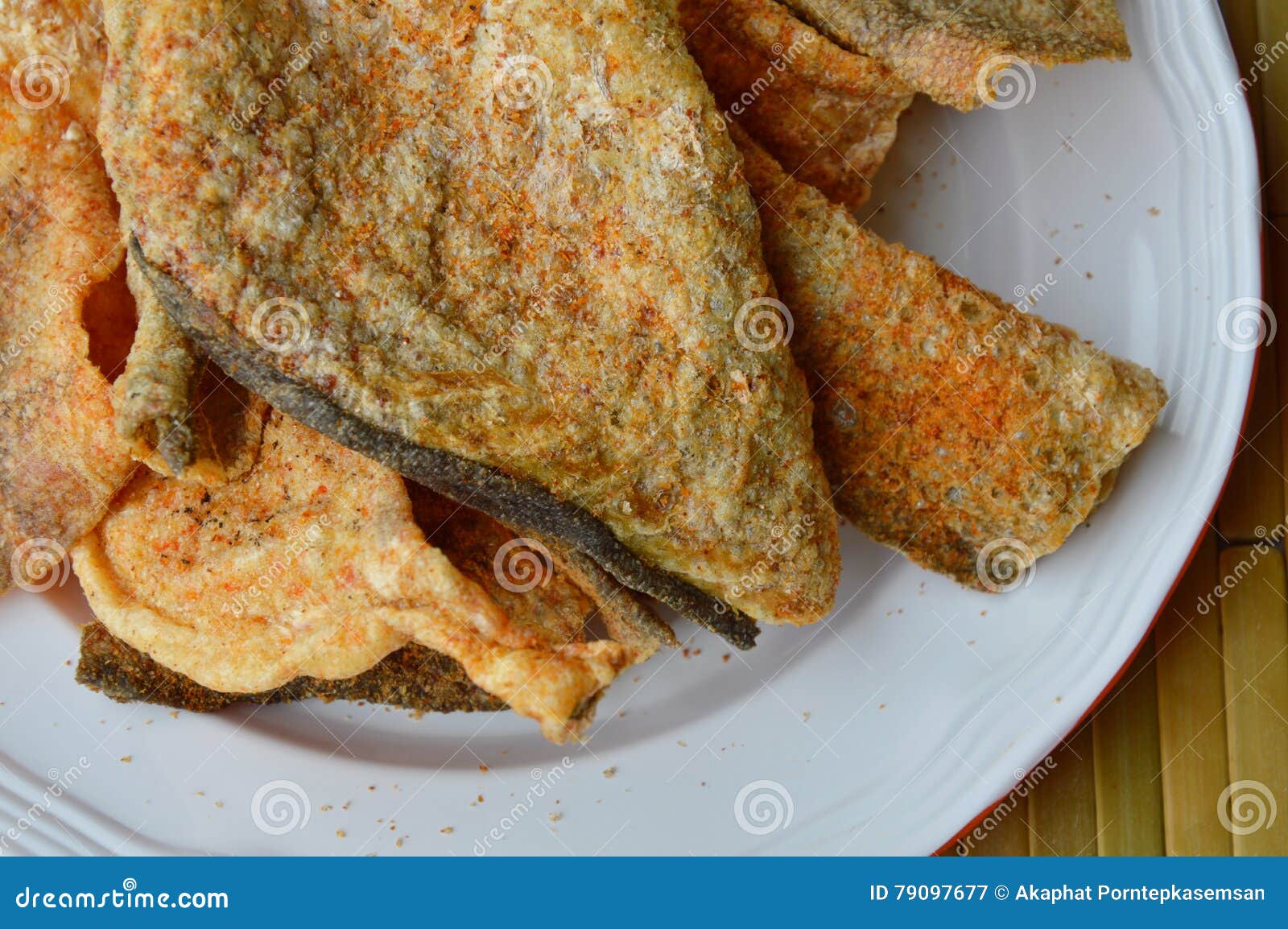 Crispy Fried Fish Skin with Seasoning on Dish Stock Image - Image of ...