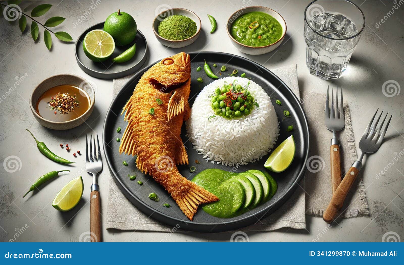 Crispy Fried Fish with White Rice and Spicy Young Mango Sauce ...