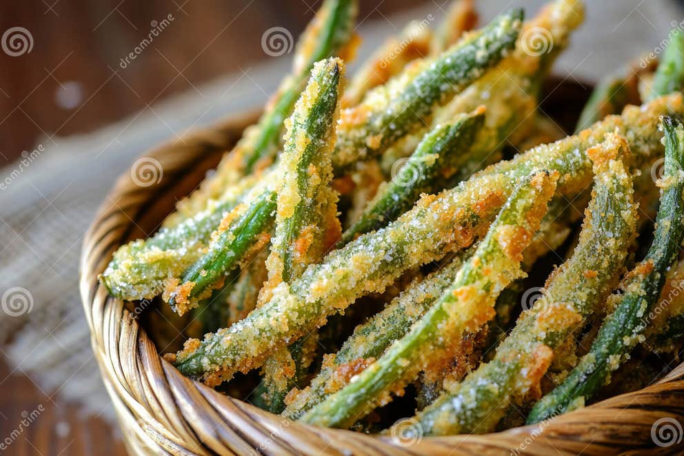 Crispy Fried Green Bean Sticks in a Wicker Basket Stock Illustration ...
