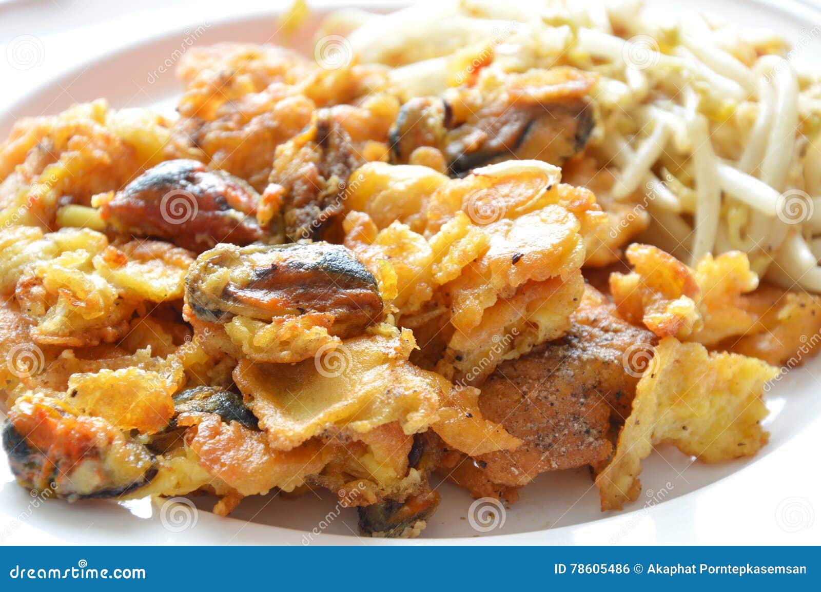 Crispy Fried Mussel with Egg and Bean Sprout on Dish Stock Photo ...