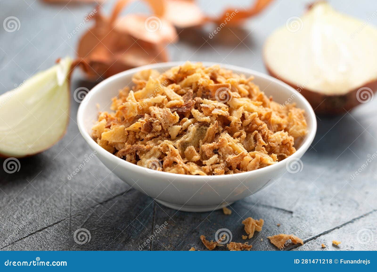 Crispy Fried Onions Flakes in White Bowl. Stock Photo - Image of orange ...
