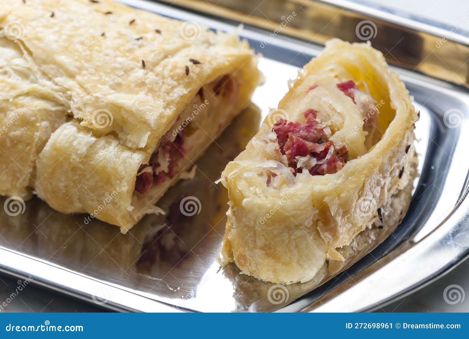 Crispy Pastry Filled with Smoked Meat and Sour Cabbage Stock Image ...