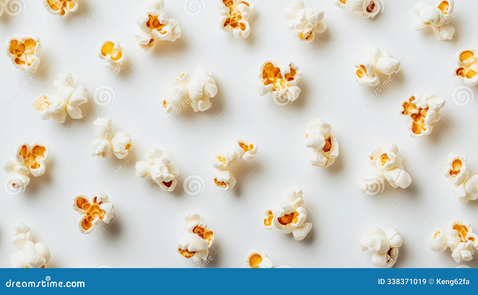 Crispy Popcorn Scattered on White Background, Creating Playful Chaos ...