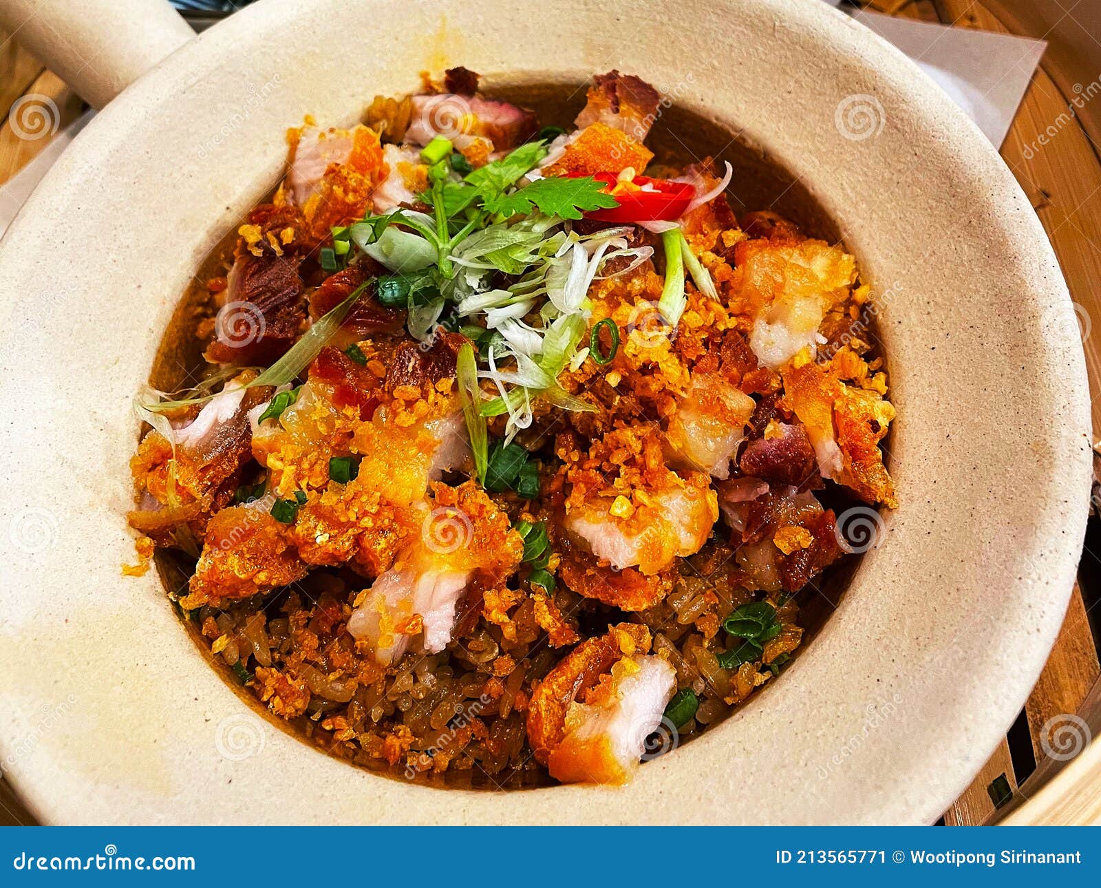 Crispy Pork Fried Rice stock image. Image of green, vegetable - 213565771