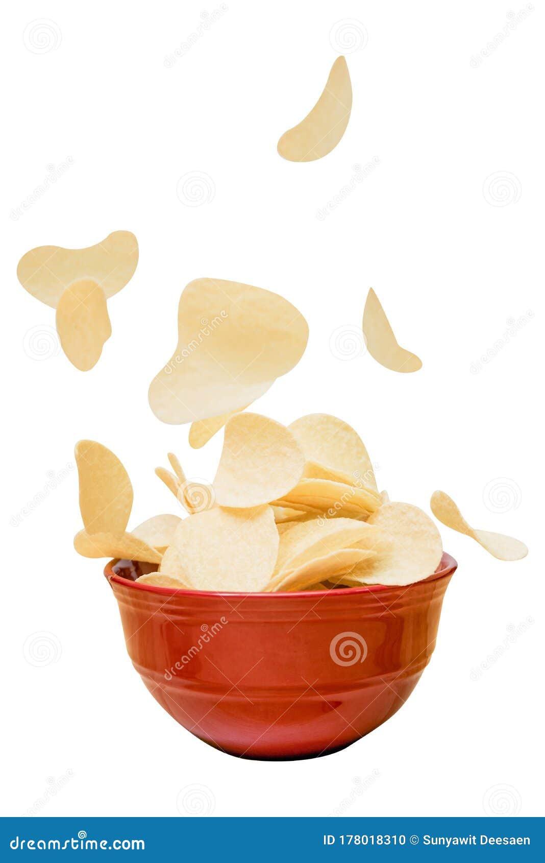 Crispy Potato Chips Falling into Bowl Isolated on White Background ...