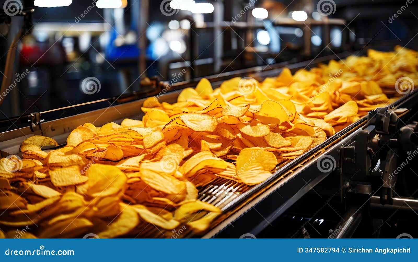 Crispy Potato Chips on a Production Line in a Modern Food Processing ...