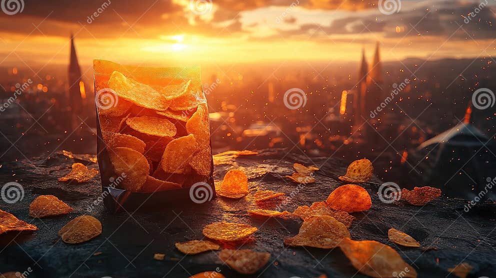 Crispy Potato Chips Scattered on a Rooftop at Sunset Stock Illustration ...
