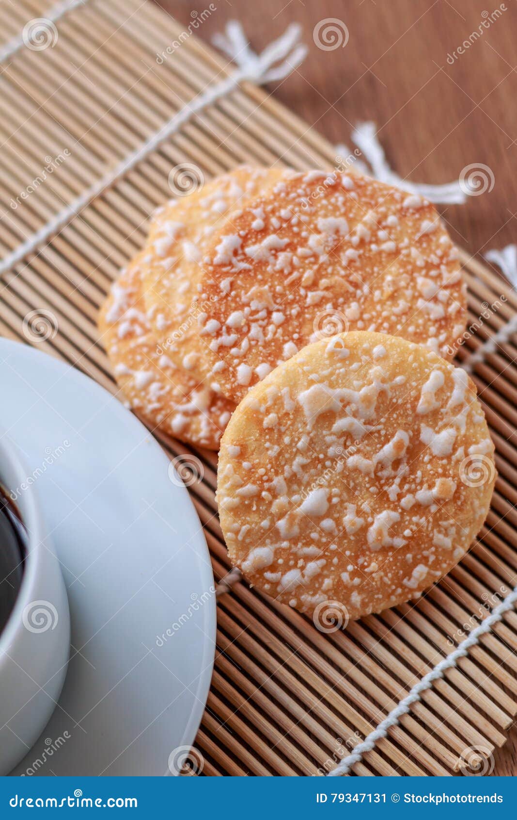 Crispy Rice Crackers with Hot Cup of Coffee on Wooden Table Back Stock ...