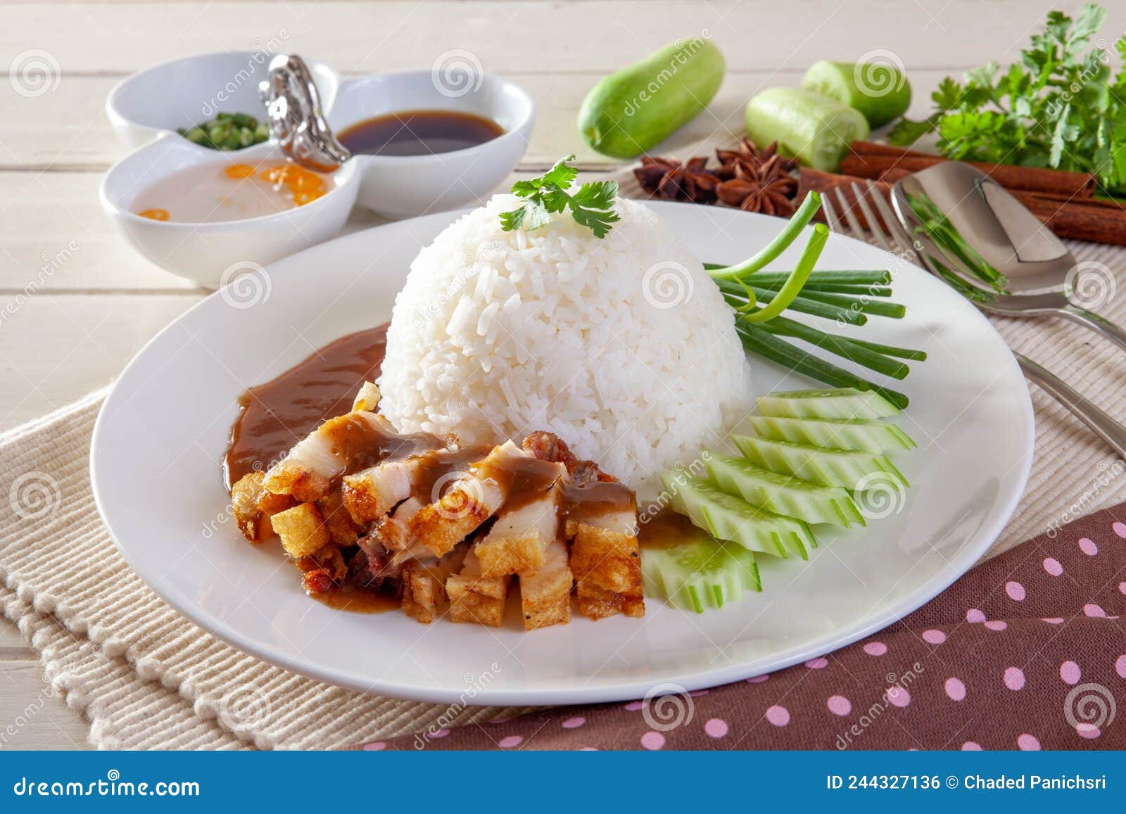 Crispy Roast Pork with Rice Stock Photo - Image of gourmet, lunch ...