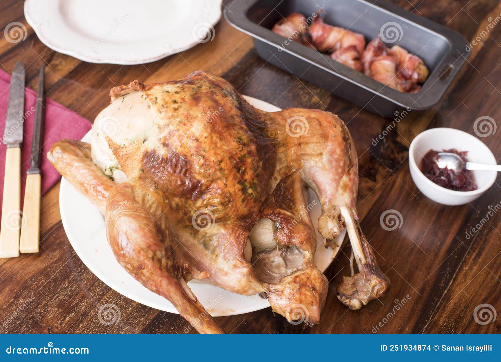 Crispy Roast Turkey with Bacon Rolls for Dinner Stock Photo - Image of ...