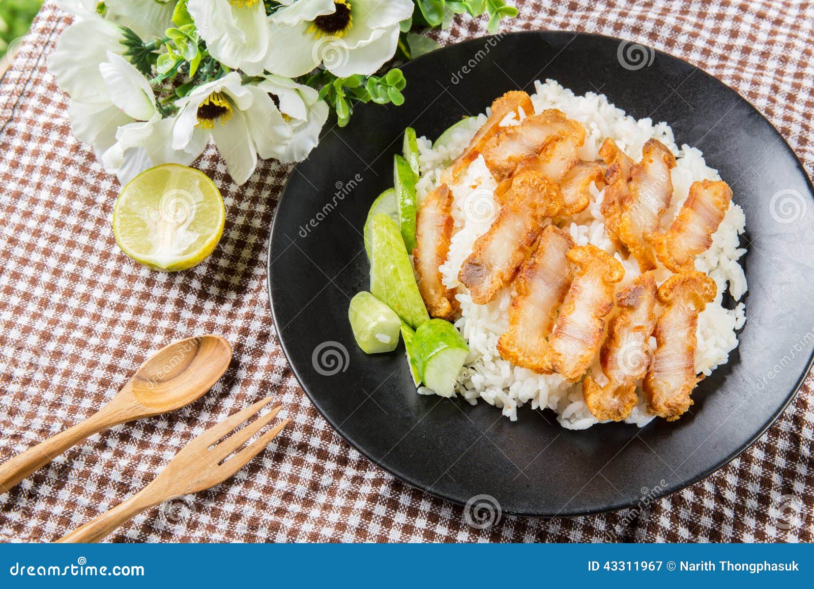 Crispy Roasted Belly Pork Chinese Style and Rice Stock Image - Image of ...