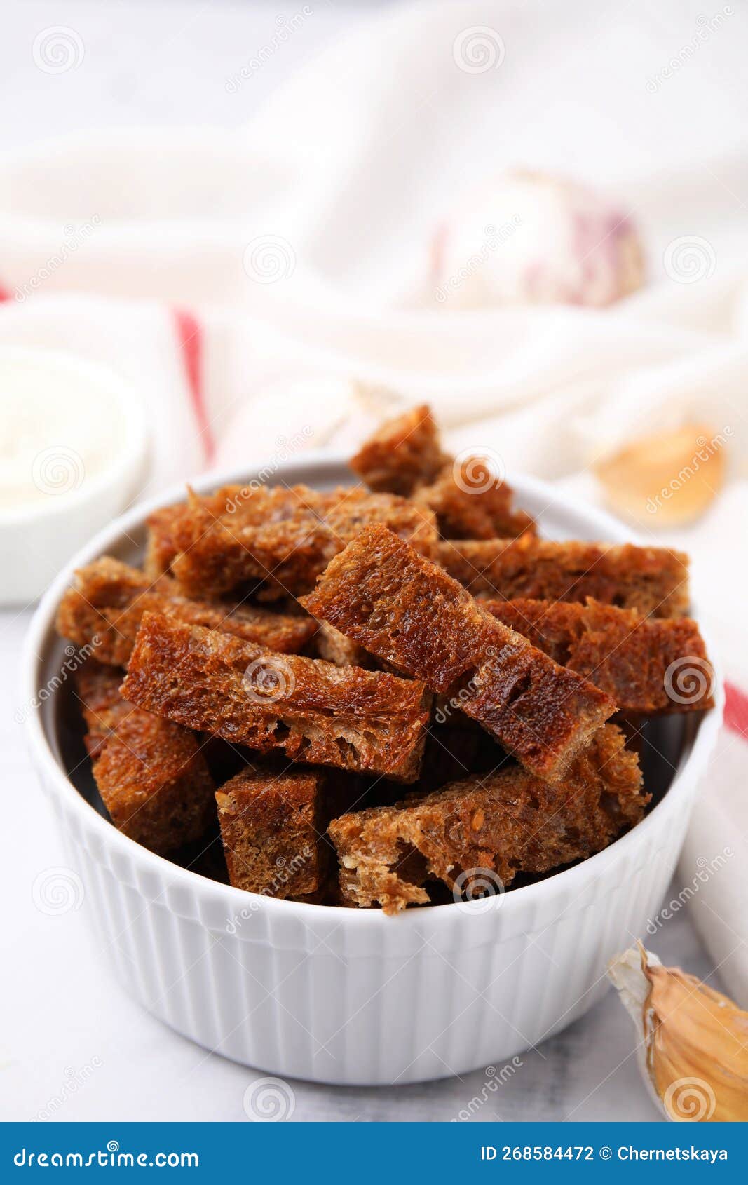 Crispy Rusks and Garlic on White Marble Table Stock Photo - Image of ...
