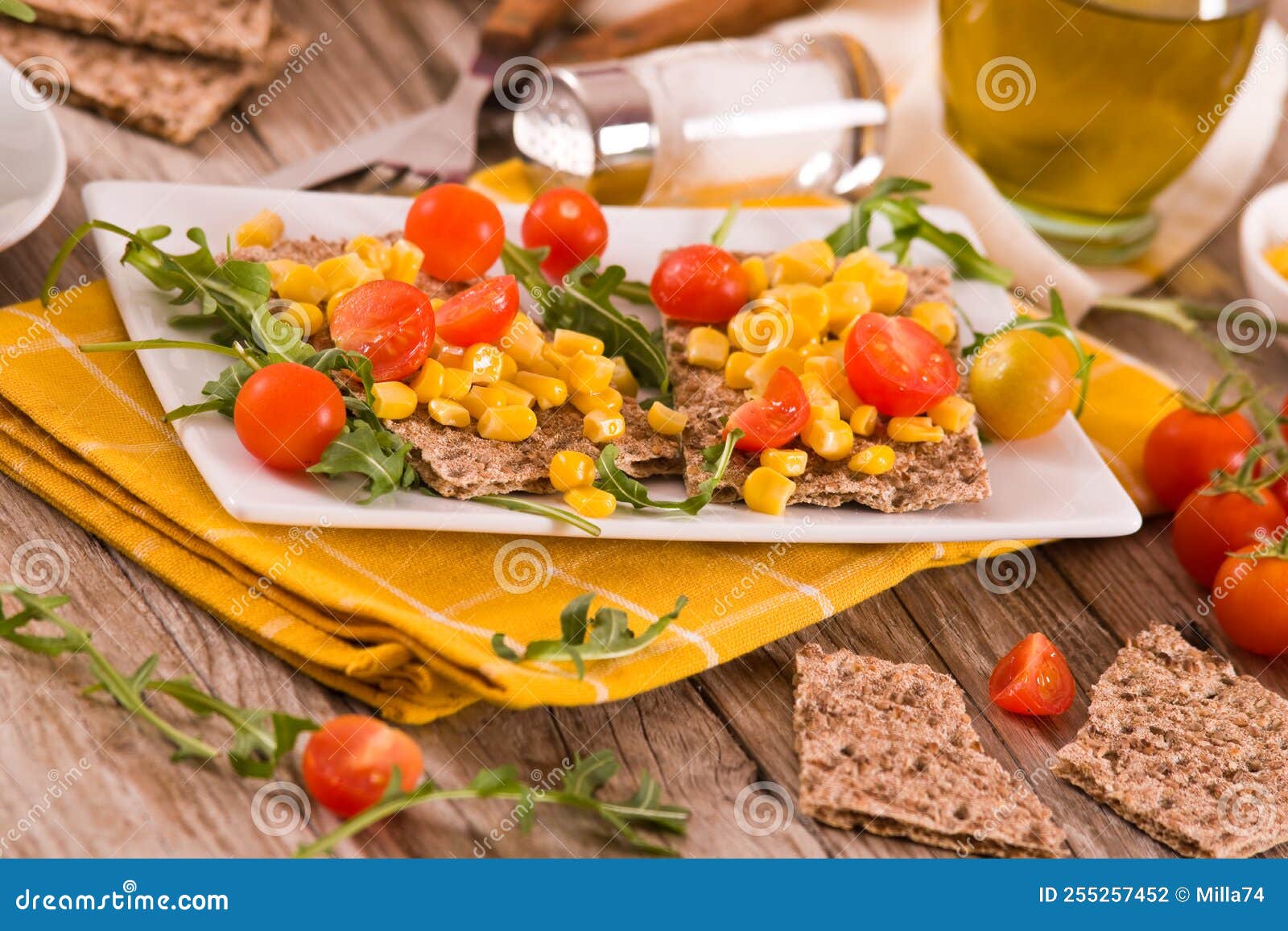 Crispy Rye Bread with Sesame Seeds, Arugula and Sweet Corn. Stock Photo ...