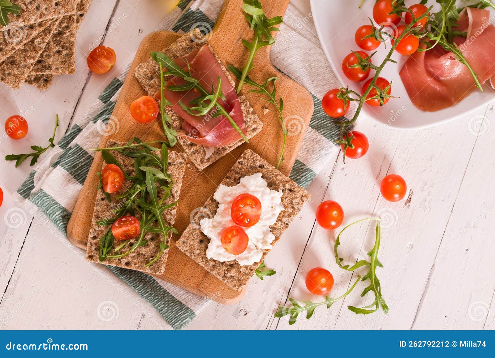 Crispy Rye Bread with Sesame Seeds, Ham and Cottage Cheese. Stock Photo ...