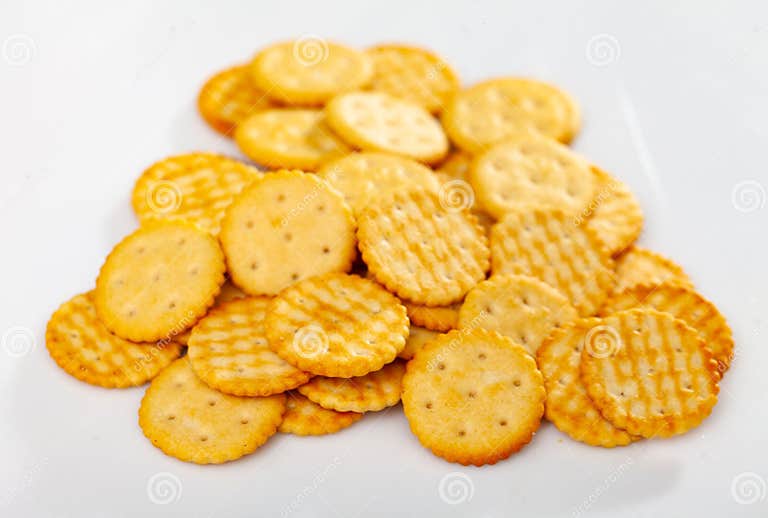 Crispy Salted Round Crackers on White Table Stock Photo - Image of ...