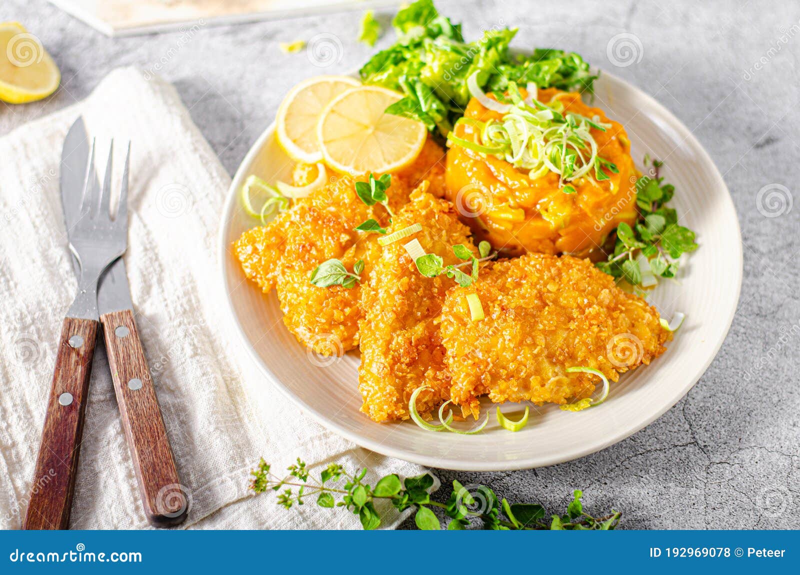 Crispy Schnitzel with Cornflakes Stock Photo - Image of gold, closeup ...